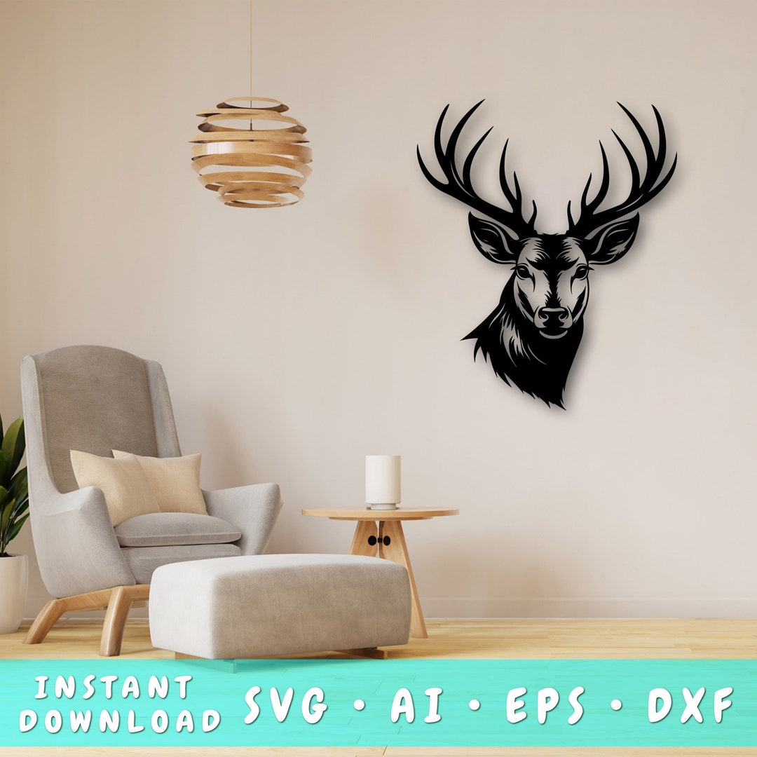Deer Laser SVG Cut File, Deer Wall Art SVG, DXF, Eps, Deer Head Vector ...
