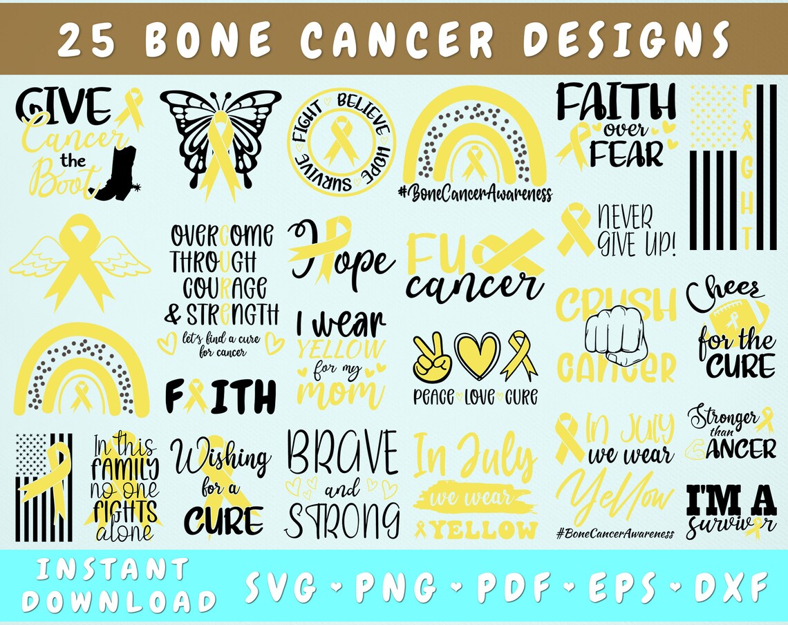 Bone Cancer Awareness SVG Bundle - 25 Designs, Yellow Ribbon SVG, Bone ...