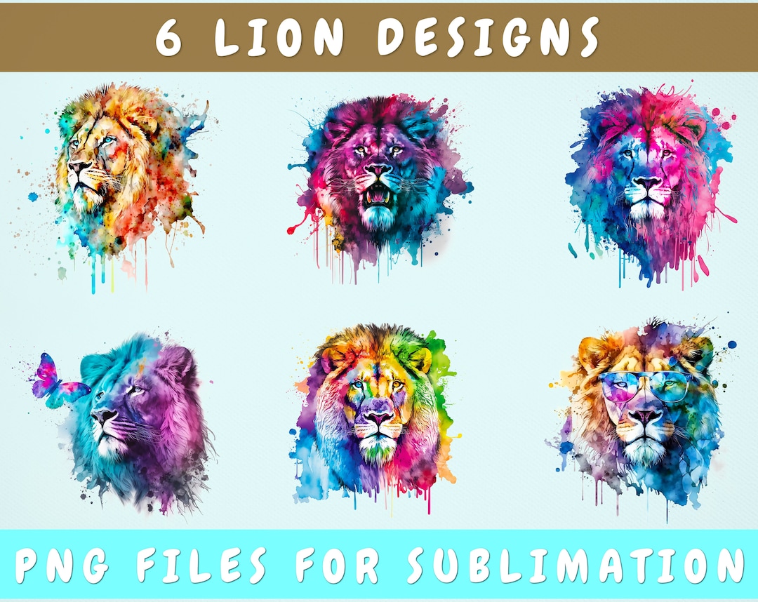 Lion Sublimation Designs Bundle, 6 Lion PNG Files, Lion in Sunglasses ...