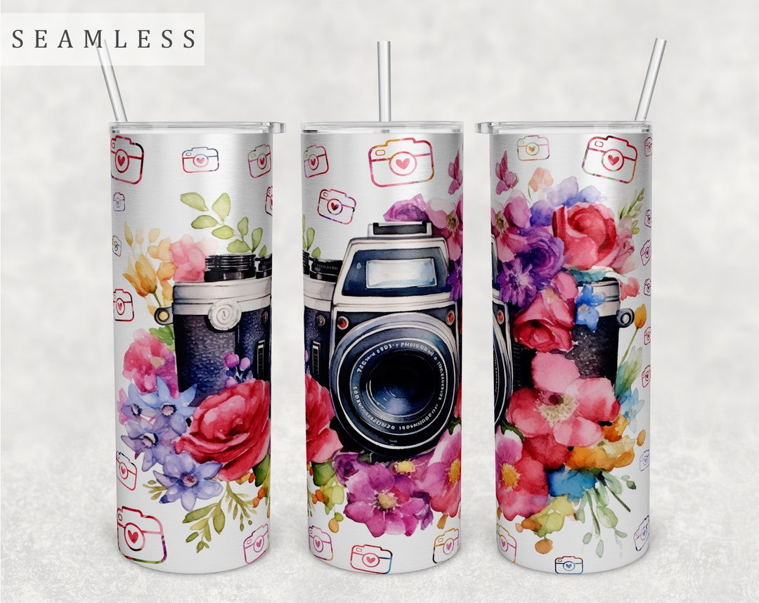 Floral Photo Camera Tumbler Wrap, 20oz Skinny Tumbler PNG, Seamless ...
