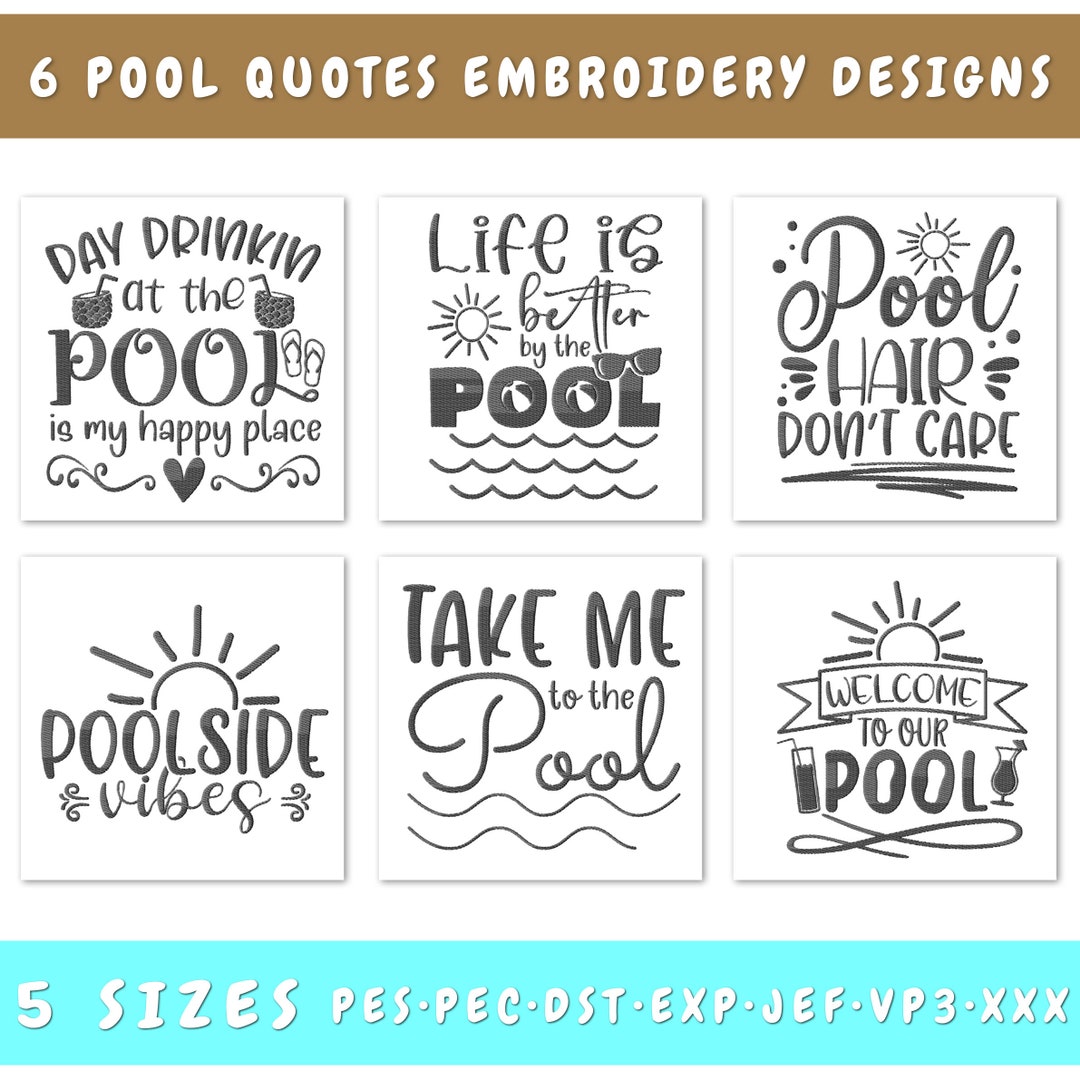 Pool Quotes Embroidery Designs Bundle - 6 Designs, Pool Embroidery ...