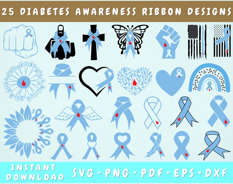 Diabetes Awareness Ribbon SVG Bundle, 25 Designs, Diabetes Clipart ...