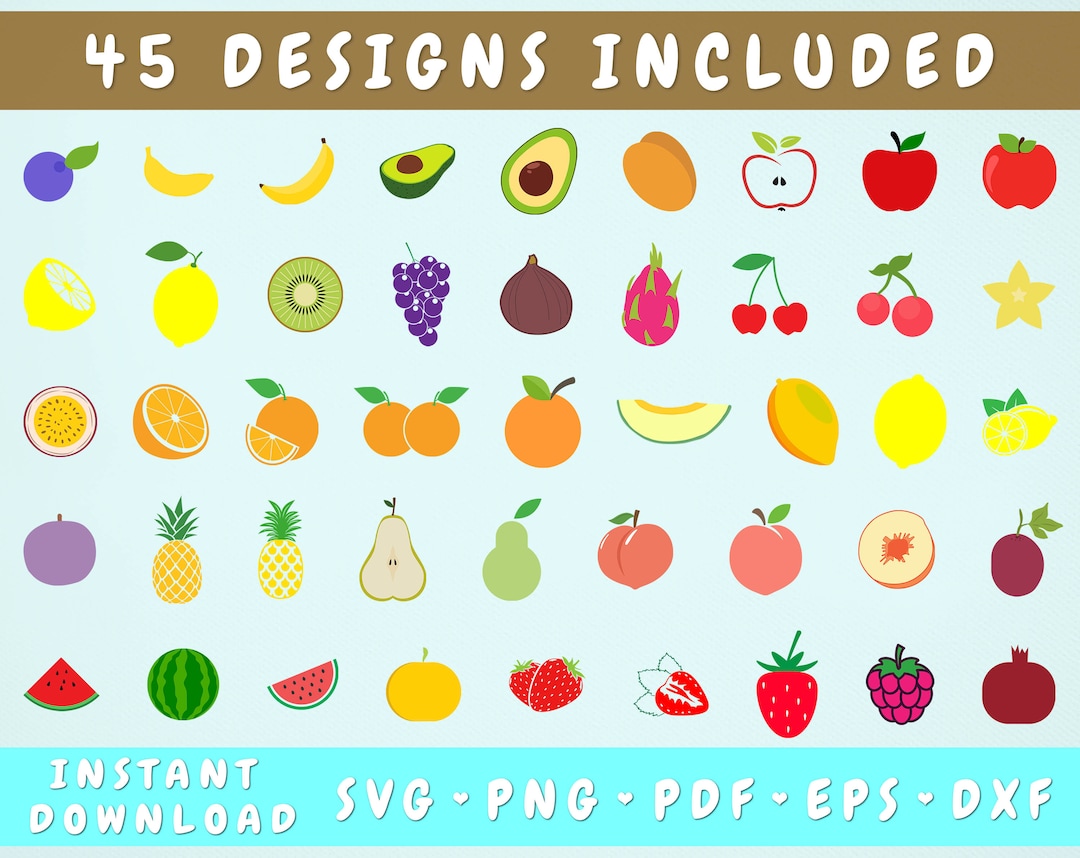 45 Fruits SVG Bundle, Apple SVG, Pear SVG, Grape Svg, Watermelon Svg ...