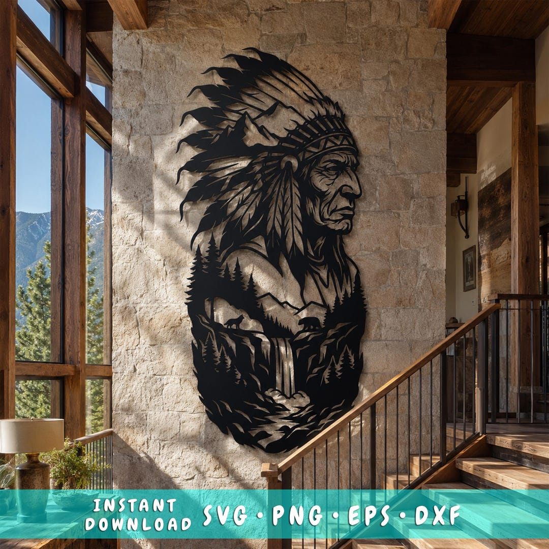 Native American Chief Laser SVG DXF, Indigenous Warrior Headdress ...