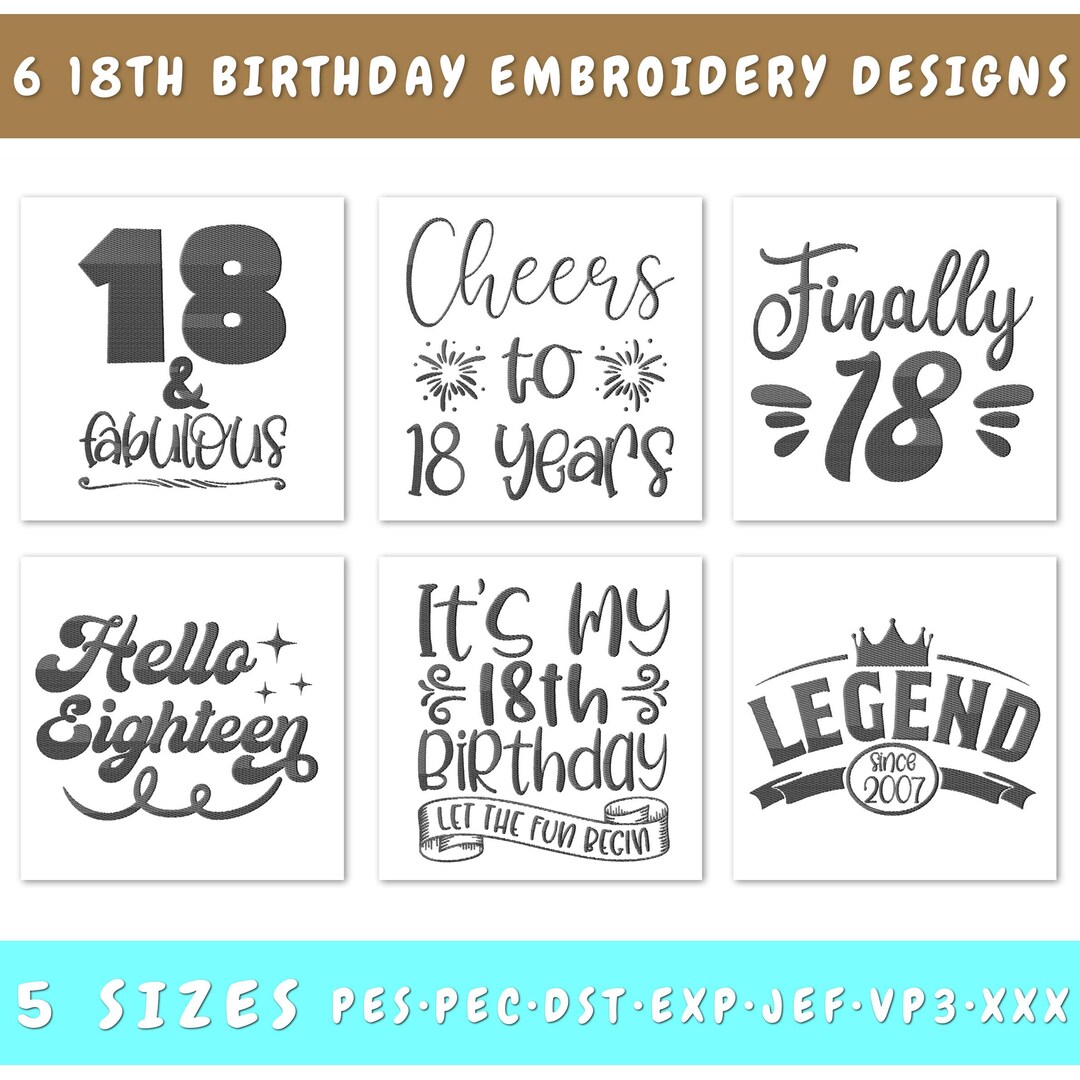 18th Birthday Embroidery Designs Bundle - 6 Designs, 18 and Fabulous ...