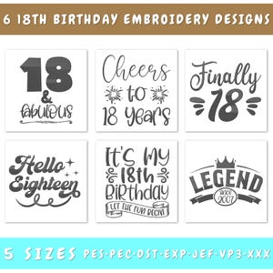 18th Birthday Embroidery Designs Bundle - 6 Designs, 18 and Fabulous ...