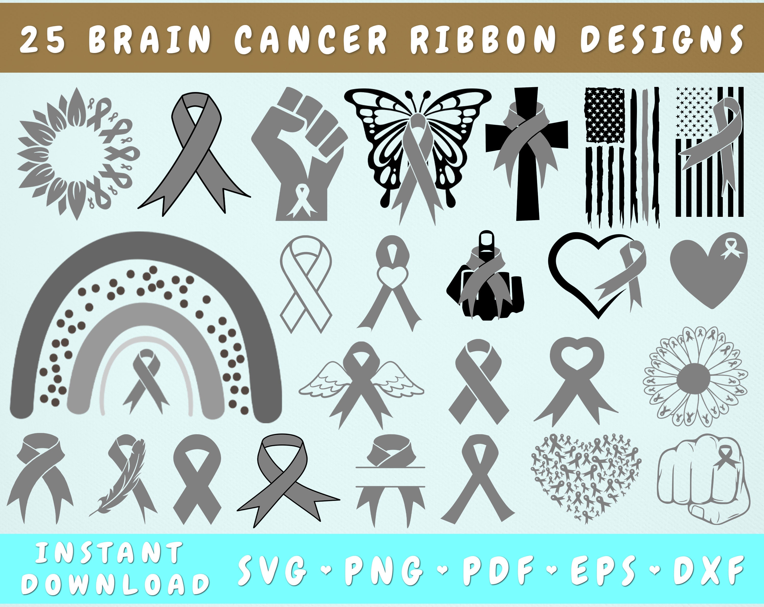 Brain Cancer Ribbon SVG Bundle 25 Designs Brain Cancer | Etsy