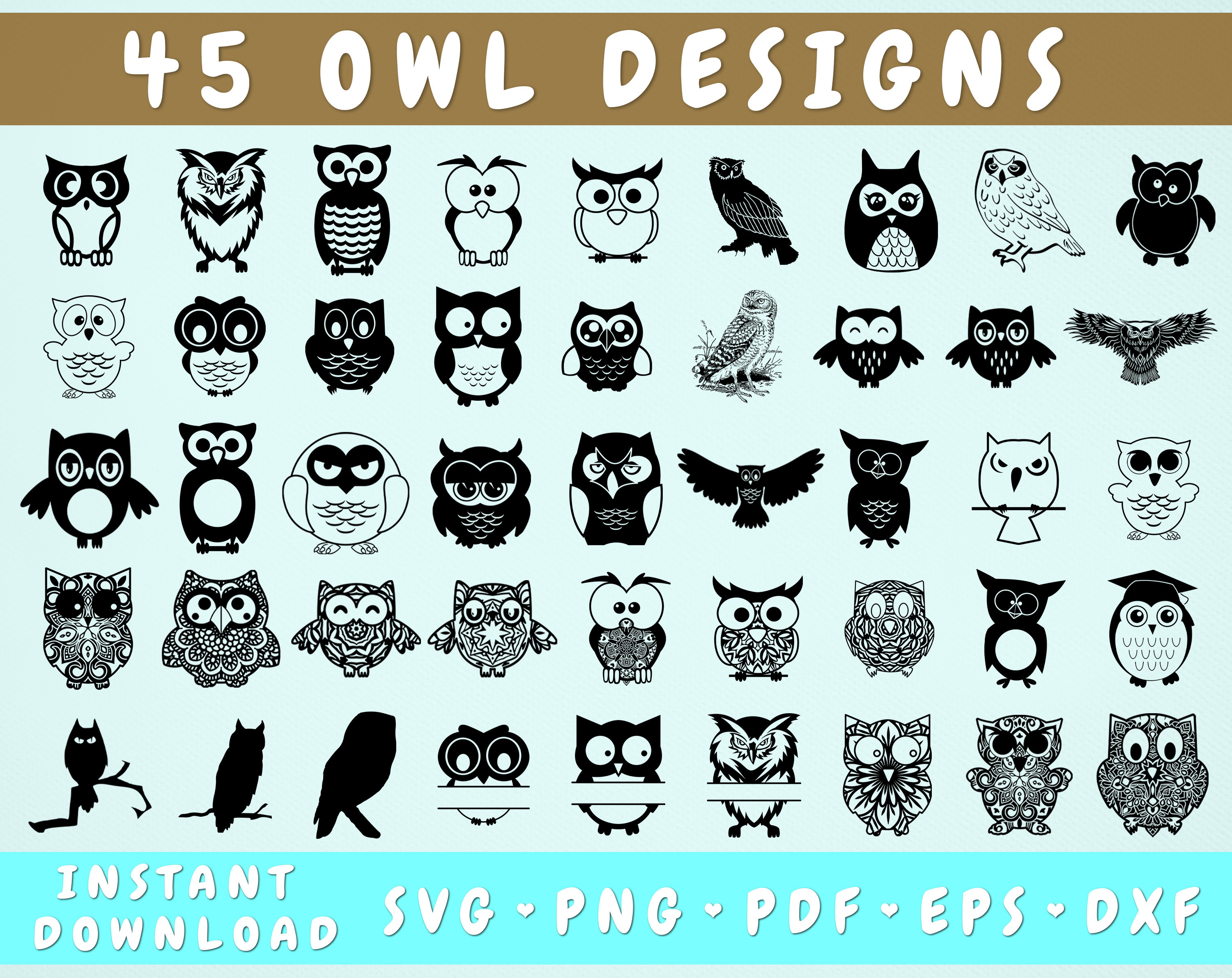45 Owl SVG Bundle Owl Png Owl Silhouette Cute Owl SVG Owl - Etsy