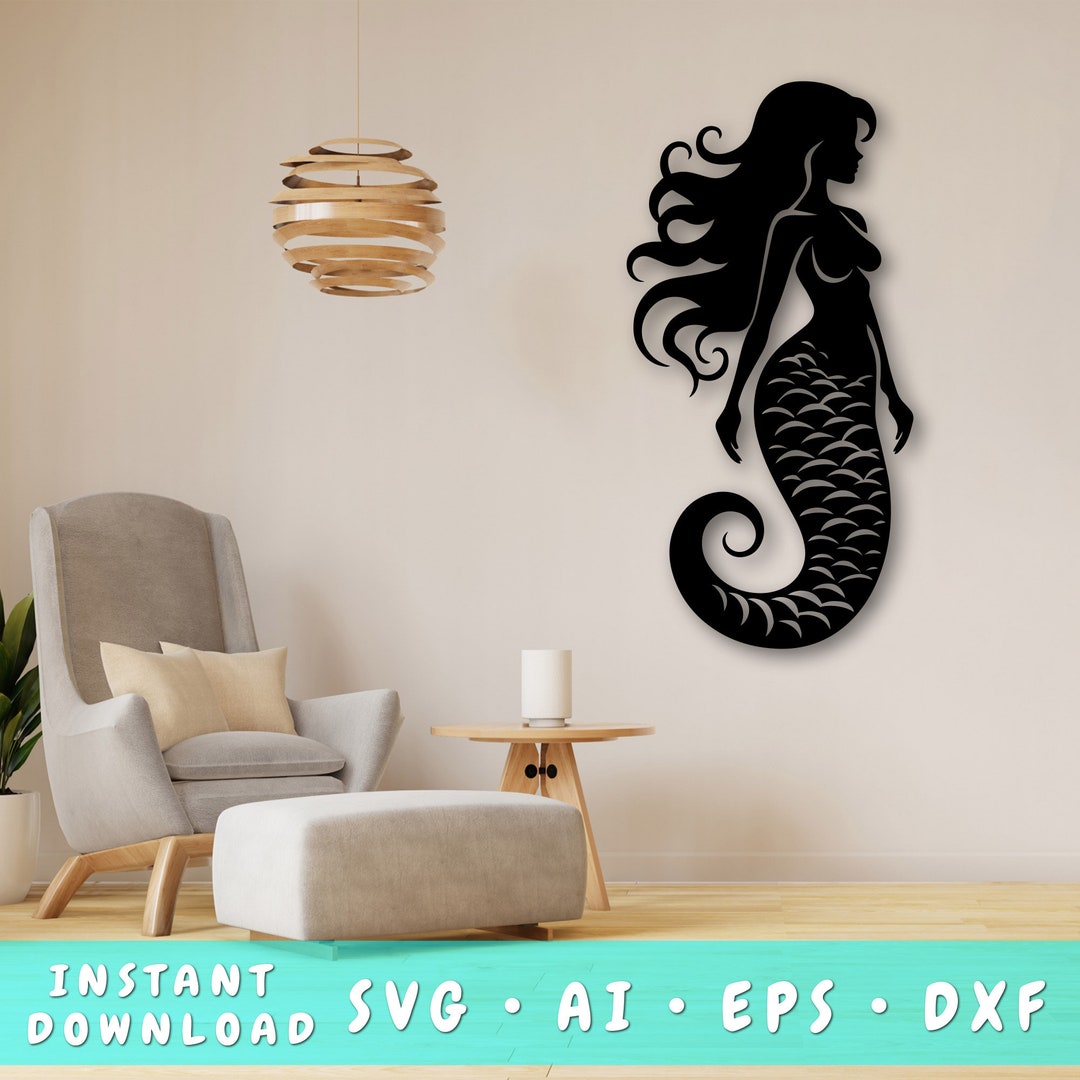 Mermaid Laser SVG Cut File, Mermaid Wall Art SVG, DXF, Mermaid Vector ...