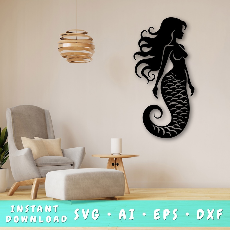 Mermaid Laser SVG Cut File, Mermaid Wall Art SVG, DXF, Mermaid Vector ...