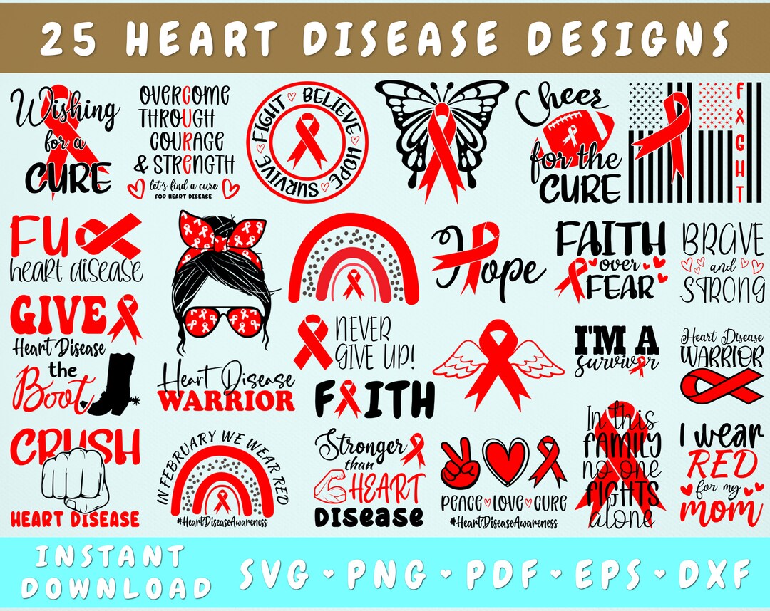 Heart Disease Awareness SVG Bundle - 25 Designs, Red Ribbon SVG, Heart ...