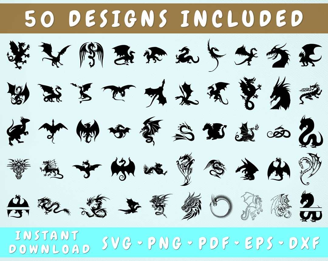 50 Dragon SVG Bundle, Dragon Png, Dragon Clipart, Dragon Silhouette ...