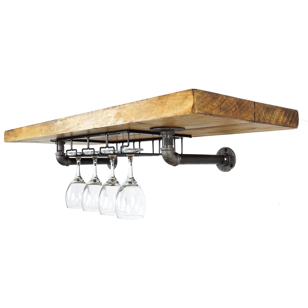 Industrial Reclaimed Rustic Wine Glass Rack Industrial Steel Brackets And Solid Wood Timber