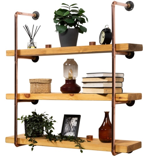 Wall Mounted Shelving Unit With Reclaimed Wooden Shelves Copper Pipe Style Etsy