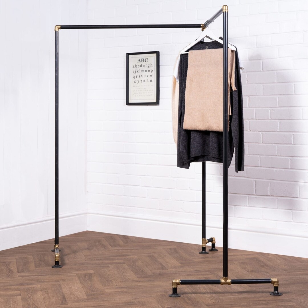 Free Standing Corner Clothes Rail | Industrial Raw Steel and Brass Pipe ...