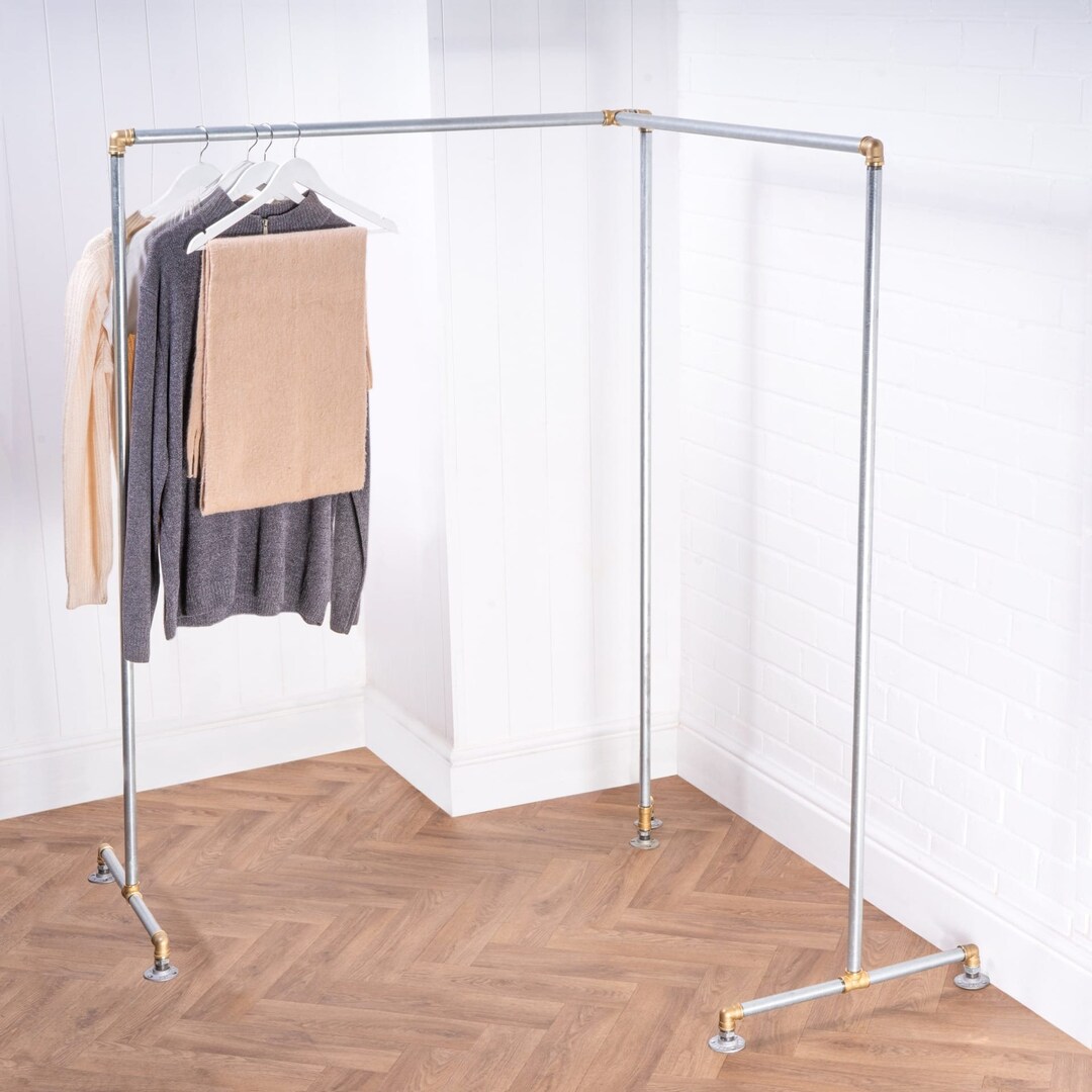Free Standing Corner Clothes Rail | Industrial Silver and Brass Pipe ...