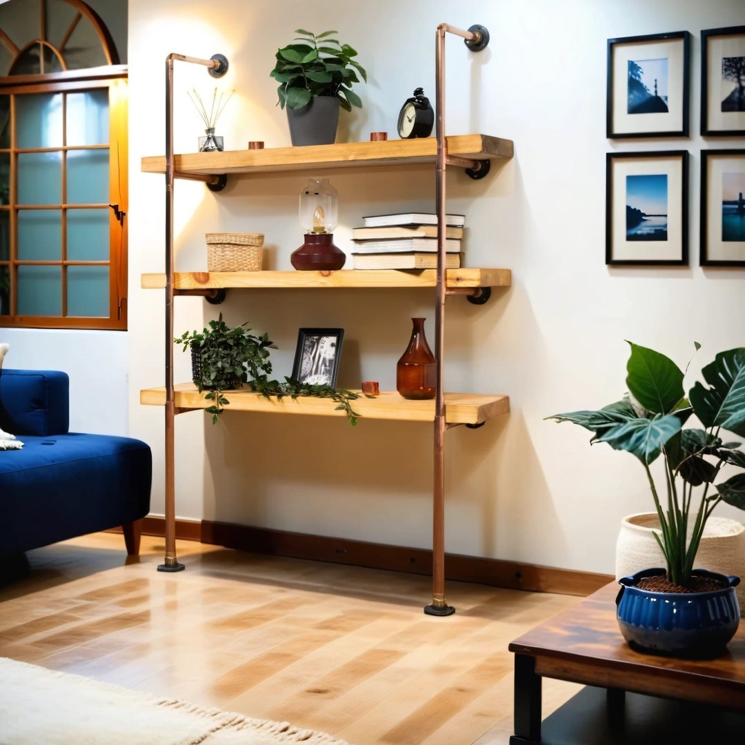 Floor Mounted Shelving Unit With Reclaimed Wooden Shelves | Copper Pipe ...
