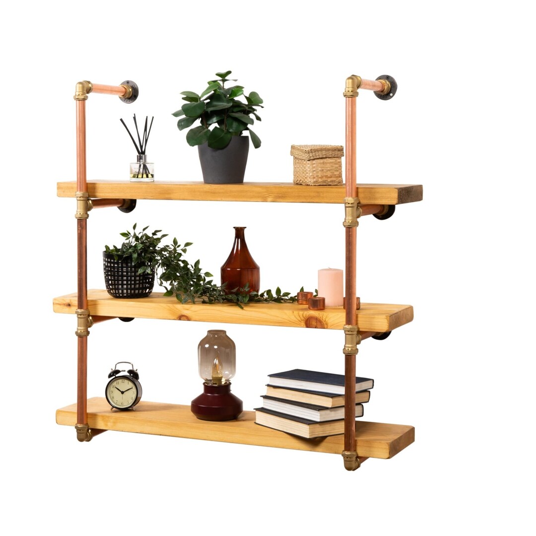 Wall Mounted Shelving Unit With Reclaimed Wooden Shelves | Thick Copper ...