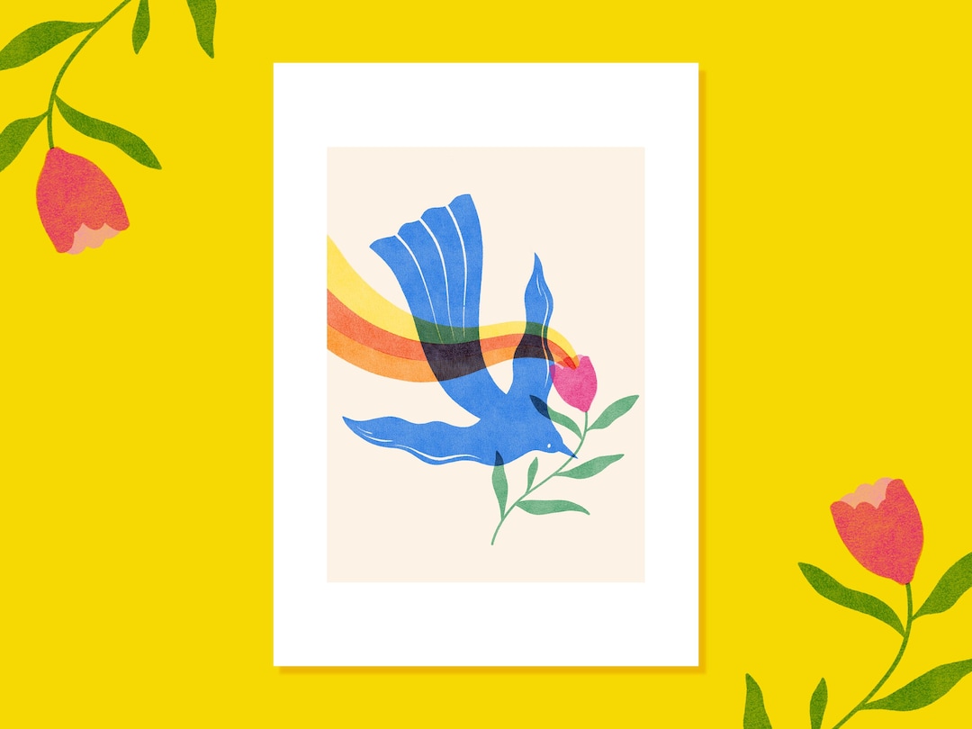 Rainbow Bird Poster - Illustration, Home Decor, Risograph Style ...