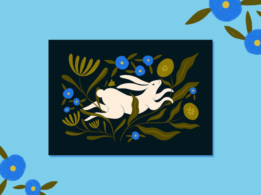 Green and Blue Floral Rabbit Poster - A5, A4, 30x40 Poster - Etsy