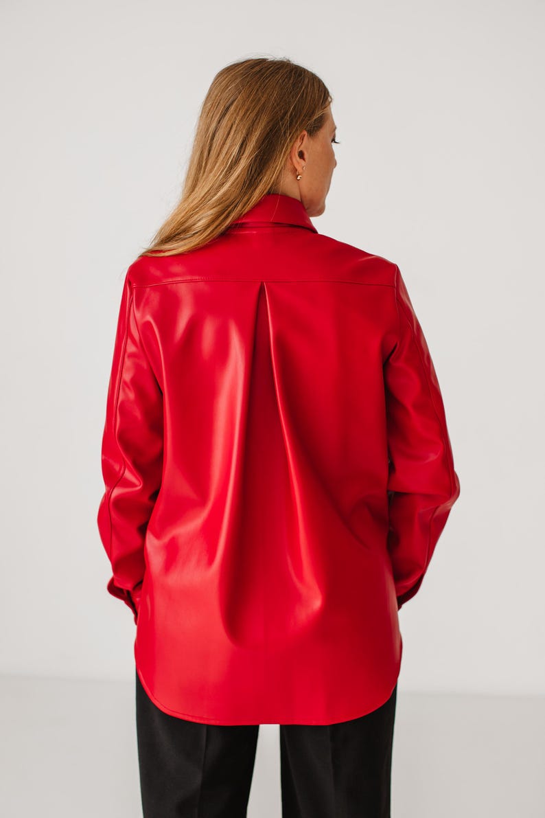 Red Faux Leather Shirt for Women | Belted Button-up | Bold Statement ...