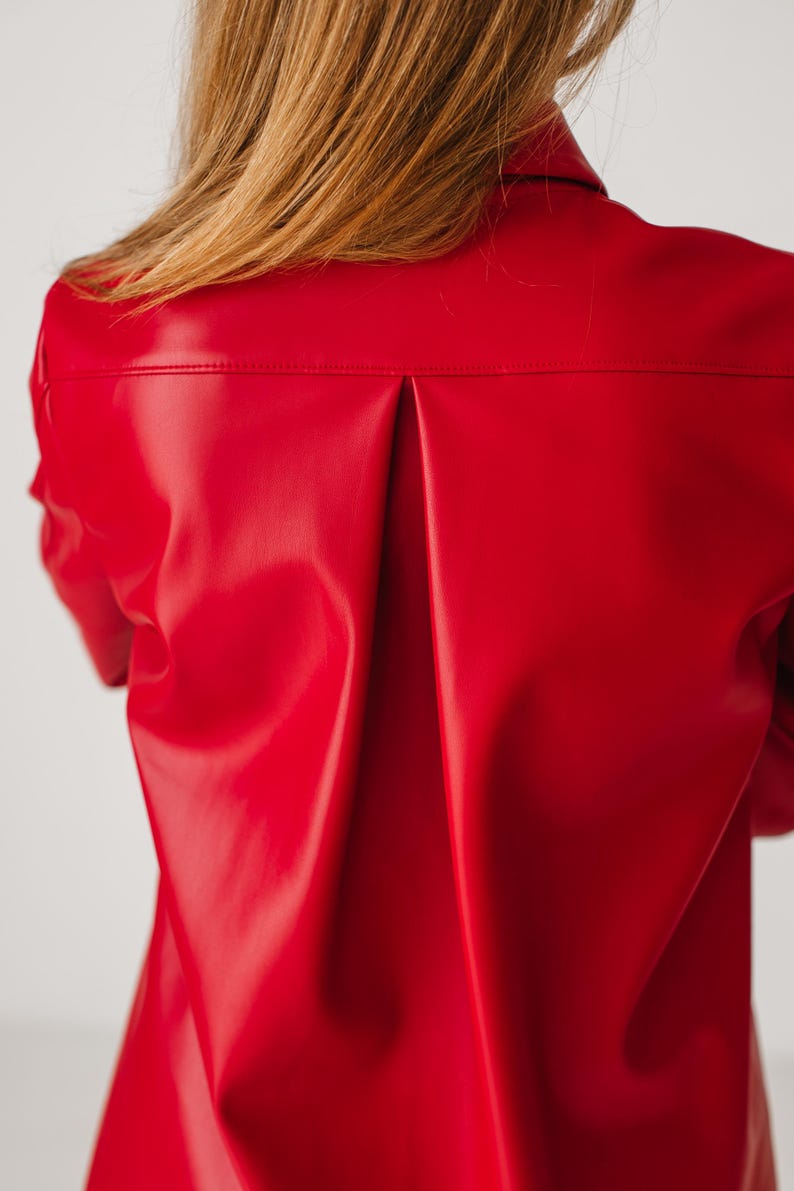 Red Faux Leather Shirt for Women | Belted Button-up | Bold Statement ...