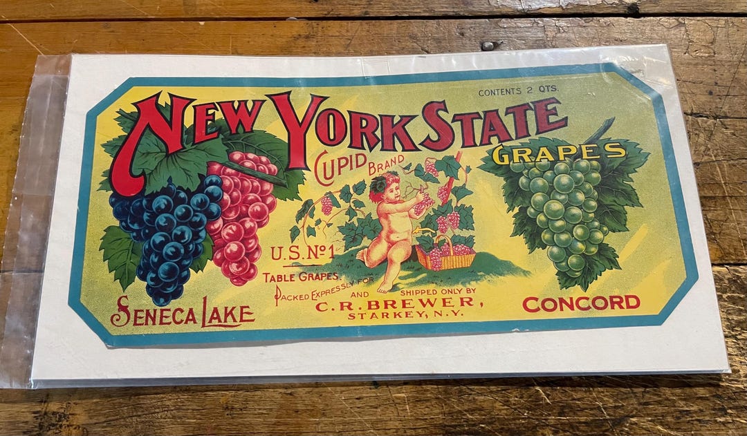 Antique Produce Label Concord Grapes Seneca Lake Starkey NY C.R. Brewer ...