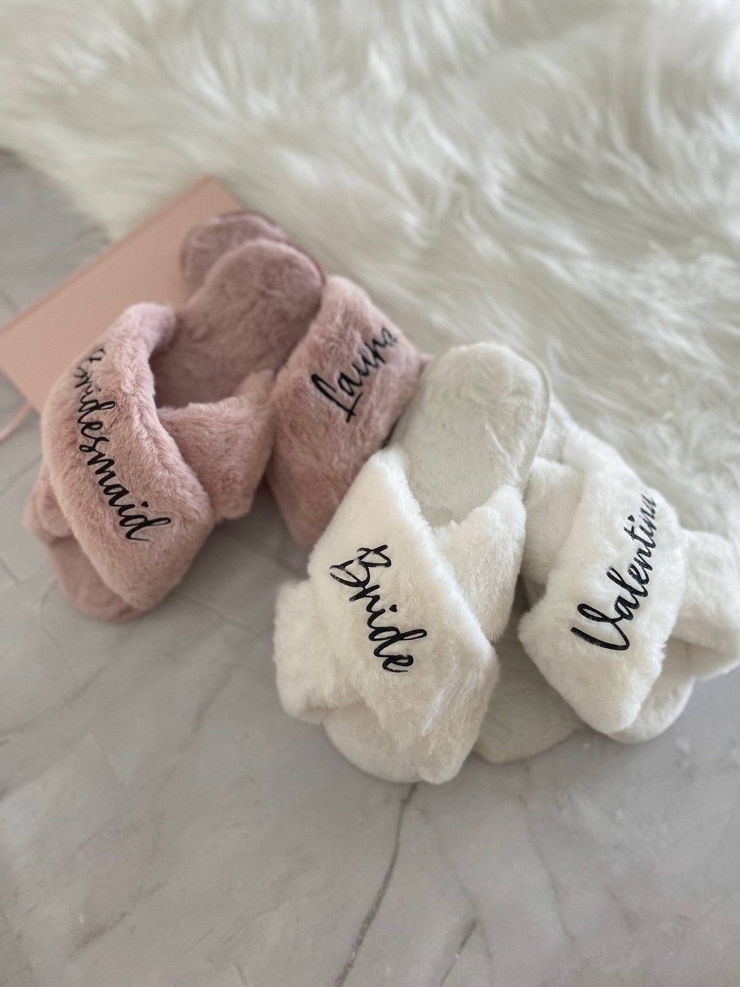 Personalised Fluffy Slippers Custom Printed or Plain Bride Bridesmaid ...