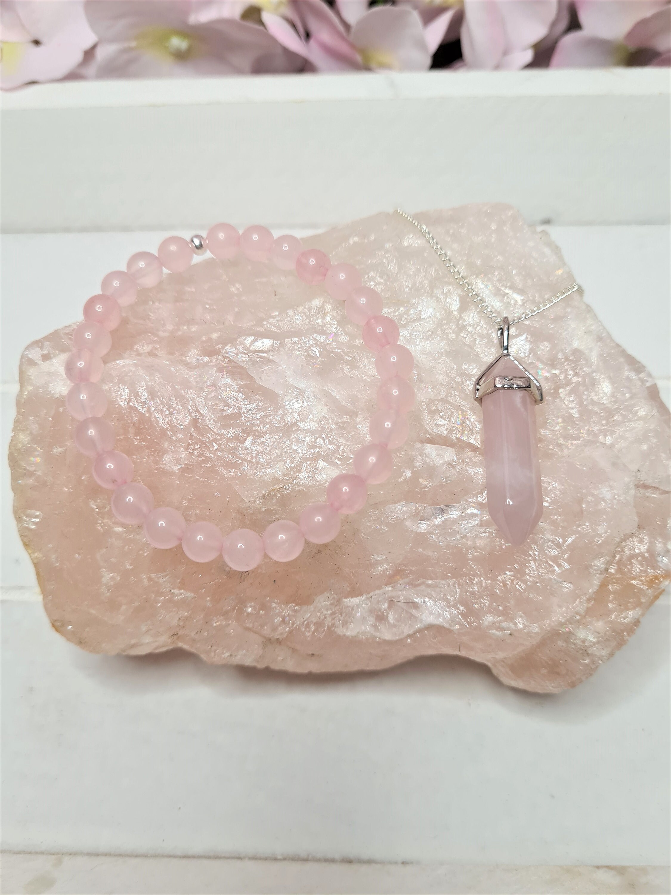Collar de cuarzo rosa y pulsera regalo conjunto de regalos - Etsy México
