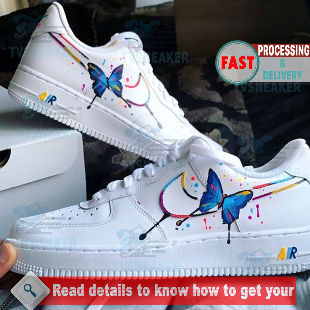 Women Custom Sneakers, Blue Butterfly Painted Air Force 1 Custom Shoes ...