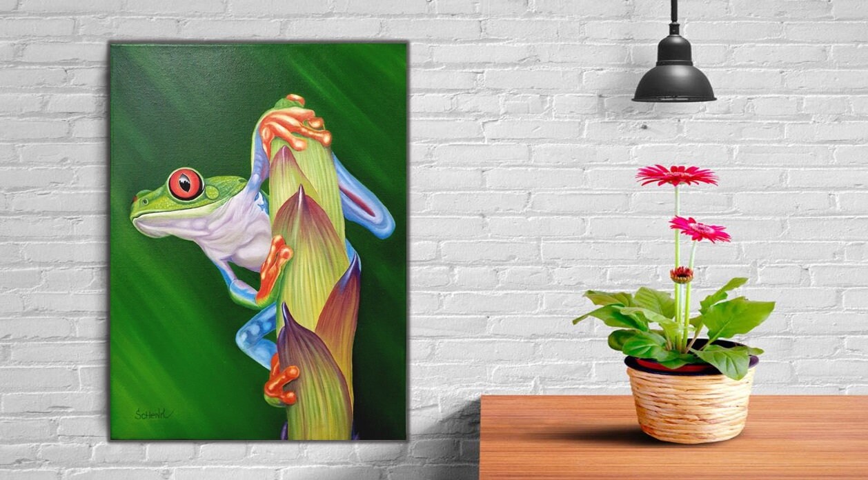 Tree Frog Painting Cute Frog Wall Art Realistic Green Frog Painting Red Eyed Frog Macro Painting ...