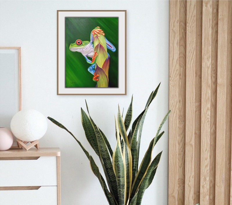 Tree Frog Painting Cute Frog Wall Art Realistic Green Frog Painting Red ...