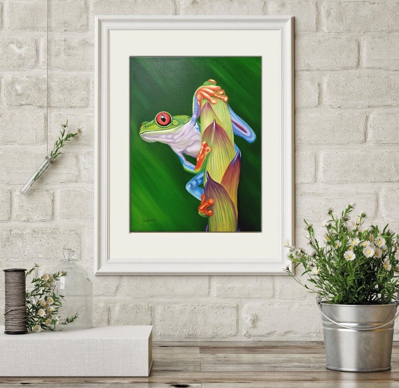 Tree Frog Painting Cute Frog Wall Art Realistic Green Frog Painting Red ...