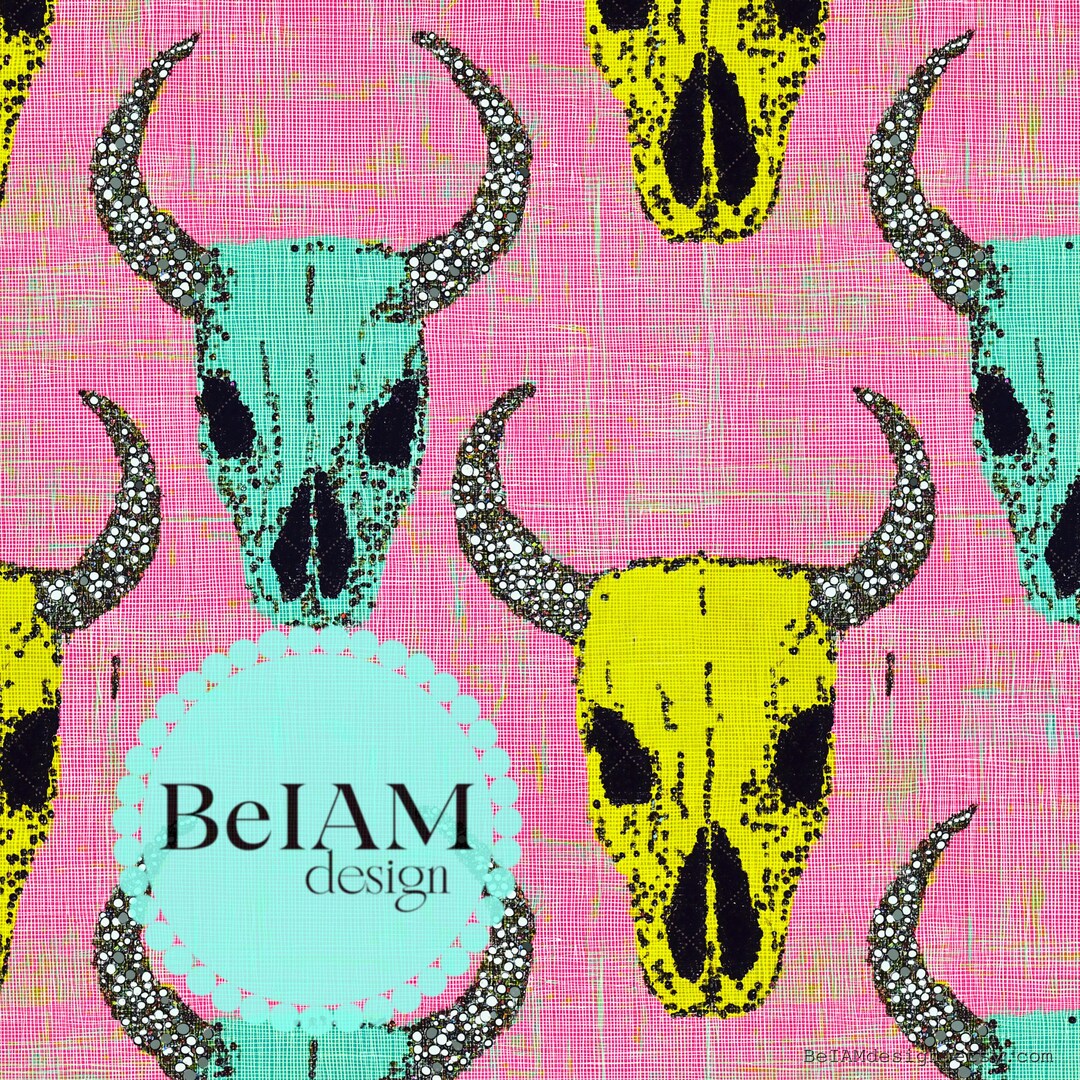 Glittery Neon Cow Skull Seamless Pattern: Western Fabric Print (JPEG ...