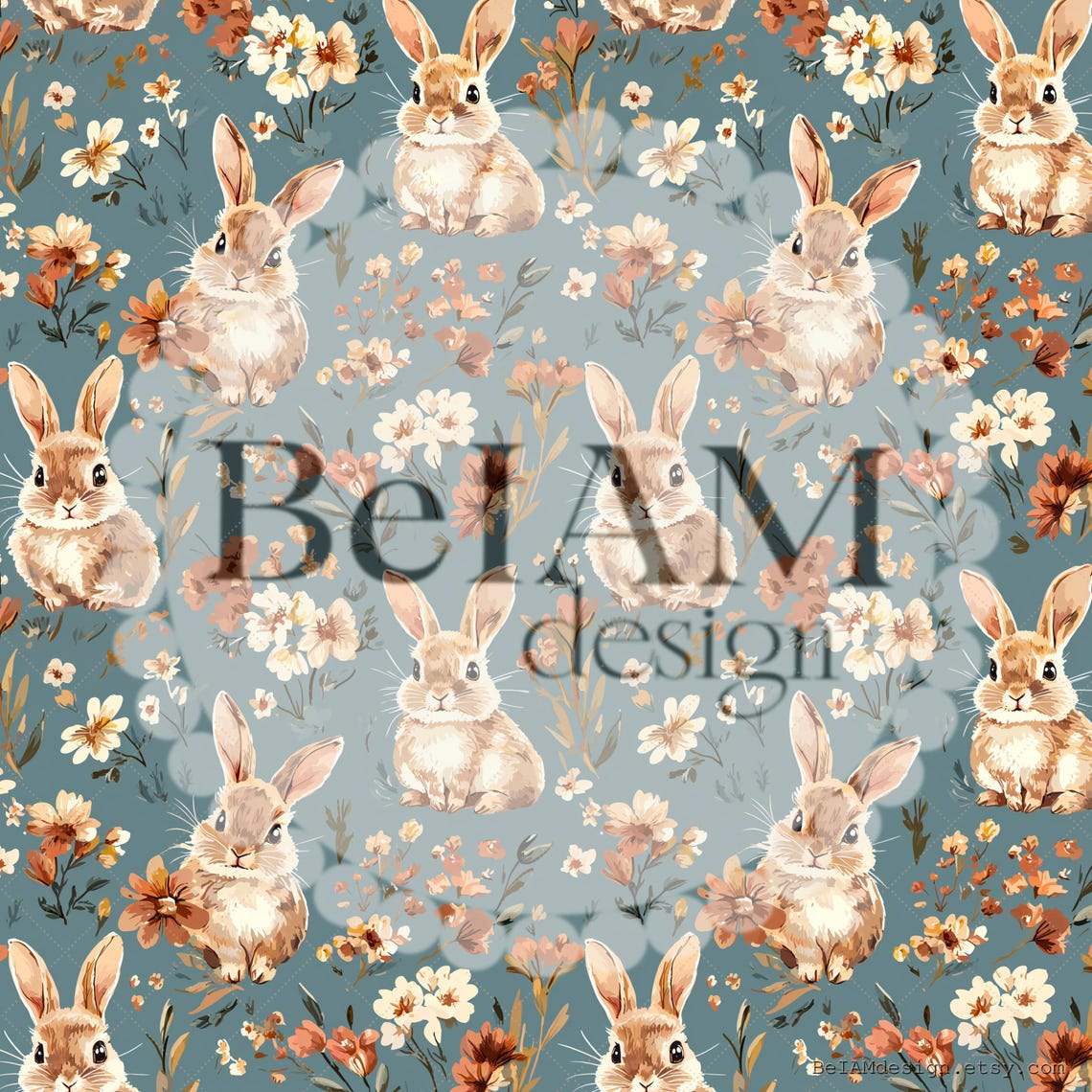 Boho Easter Bunny Seamless Pattern: Floral Fabric Sublimation (digital ...