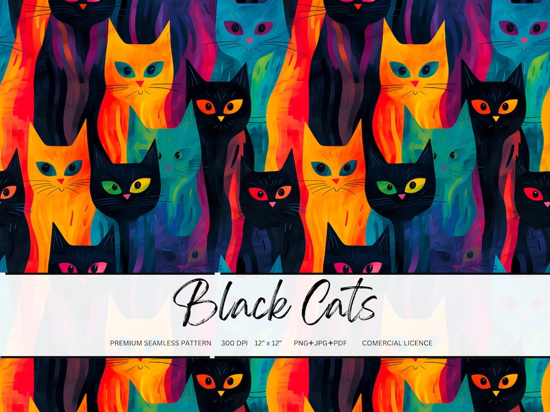 Halloween Black Cat Seamless Pattern: Colorful Feline Print (digital ...