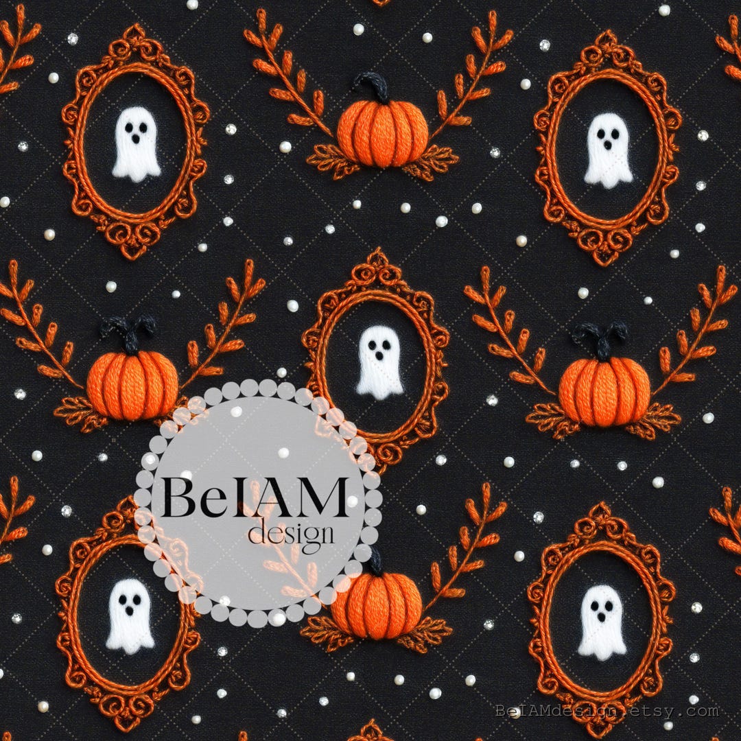 Orange Black Boho Pumpkin Ghosts Seamless Pattern Repeating File for ...