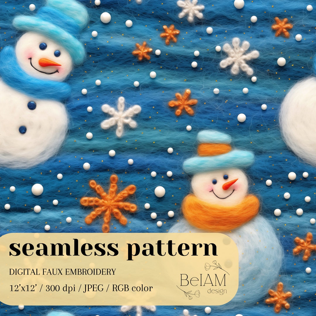 Cute Snowman Embroidery Seamless Pattern Felt Snowman Repeating Pattern ...