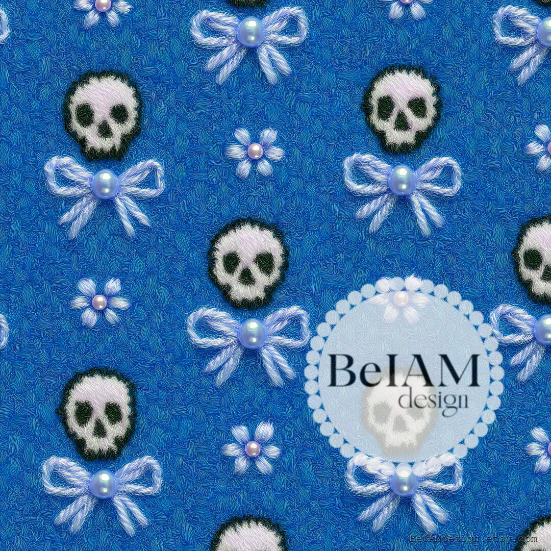 Blue Coquette Skulls Seamless Pattern: Fabric Sublimation (JPEG File ...