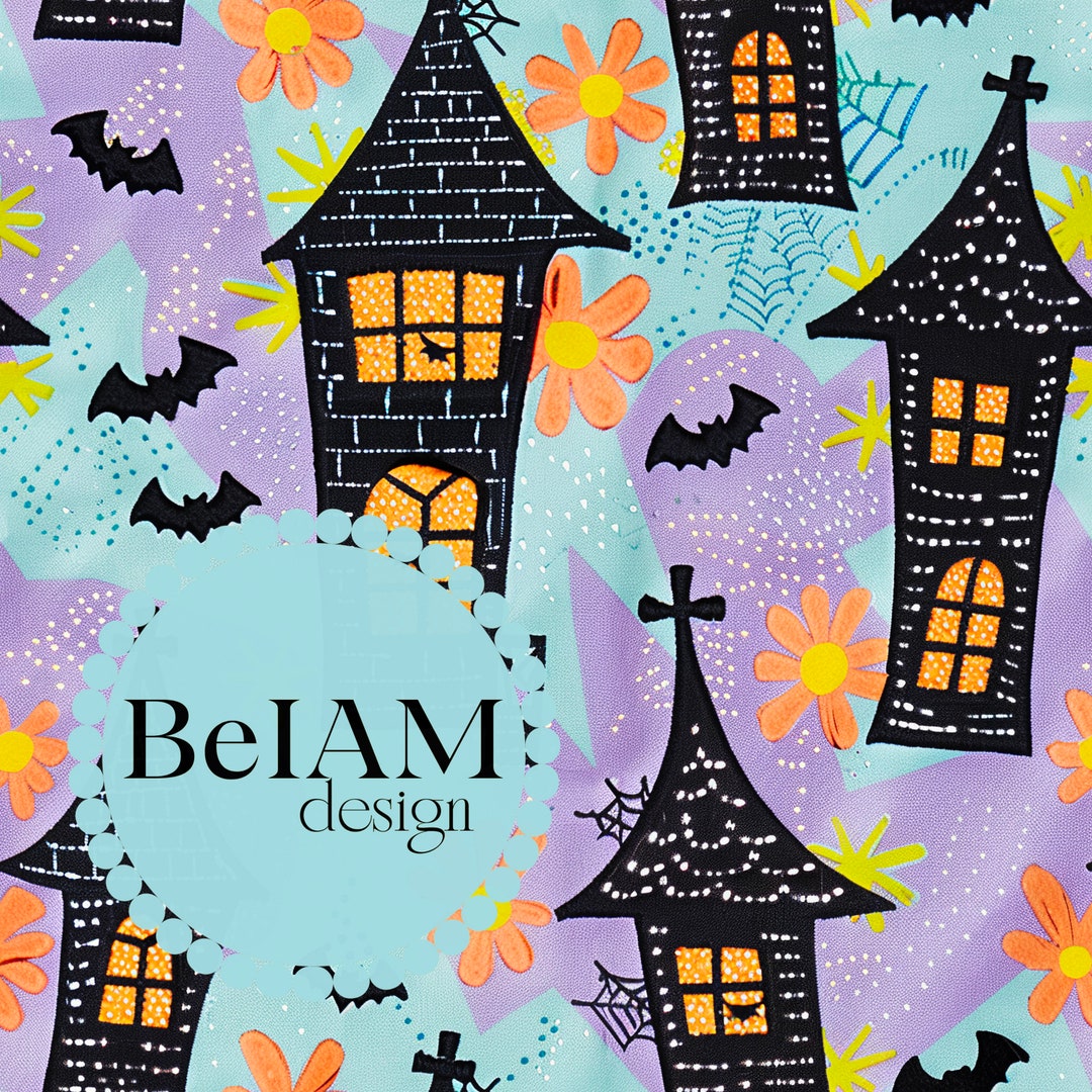 Preppy Spooky Haunted House Seamless Pattern: Halloween Fabric Design ...