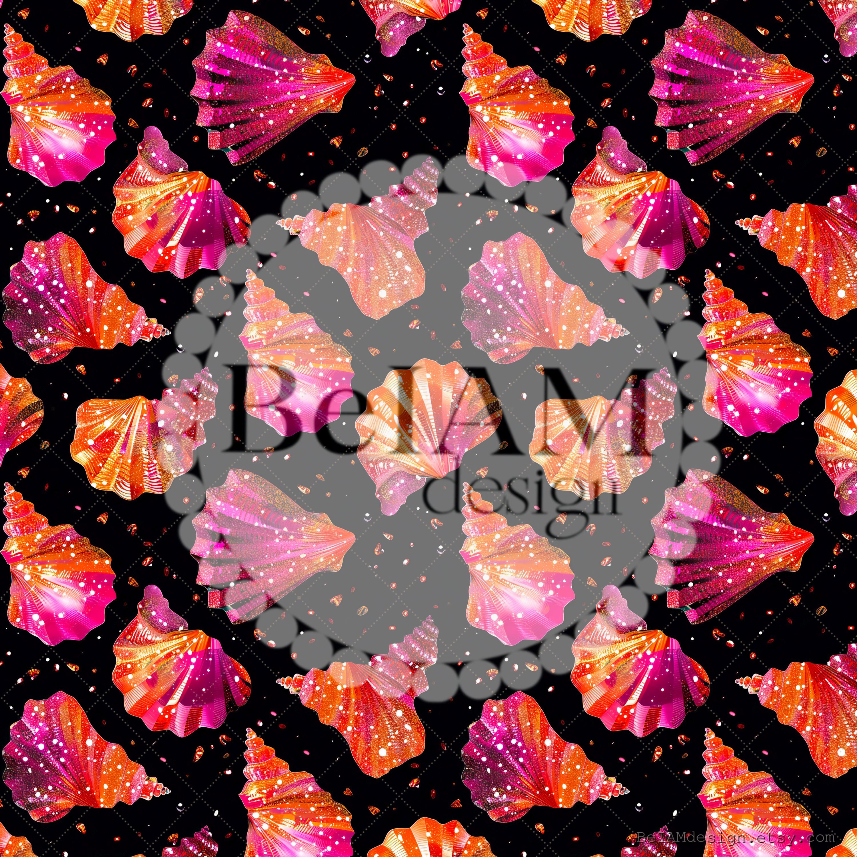 Neon Seashells Seamless Pattern: Pink Orange Beach Design (JPEG File ...