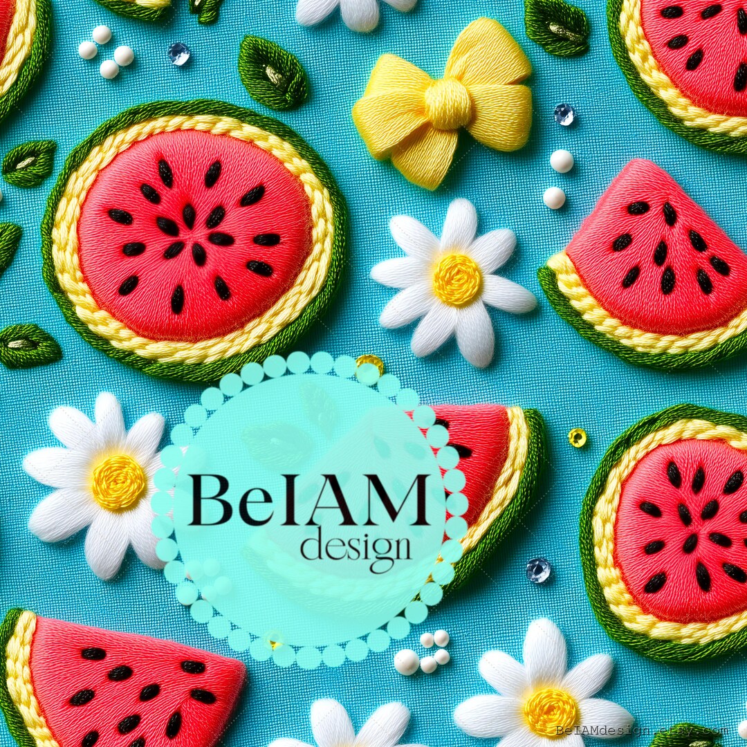 Watermelon Daisy 3D Embroidery Effect Seamless Pattern (digital Paper ...