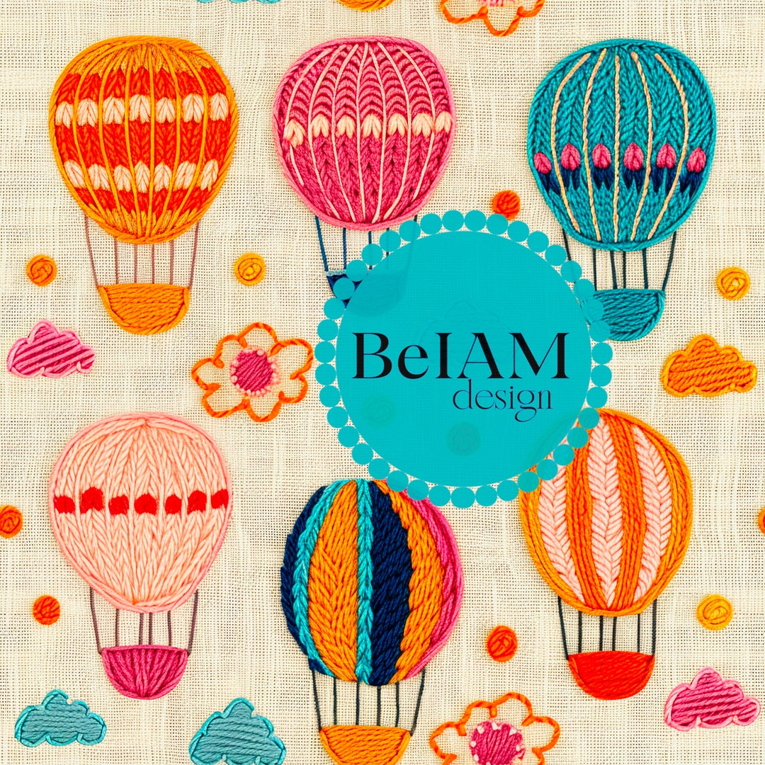 Hot Air Balloon Faux Embroidery Seamless Pattern Repeating File for ...