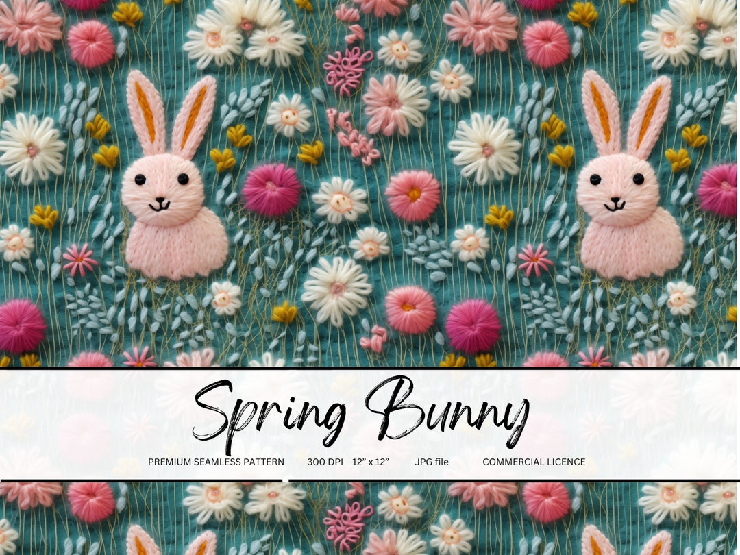 Embroidery Spring Bunny Seamless Pattern: Floral Fabric Design (digital ...