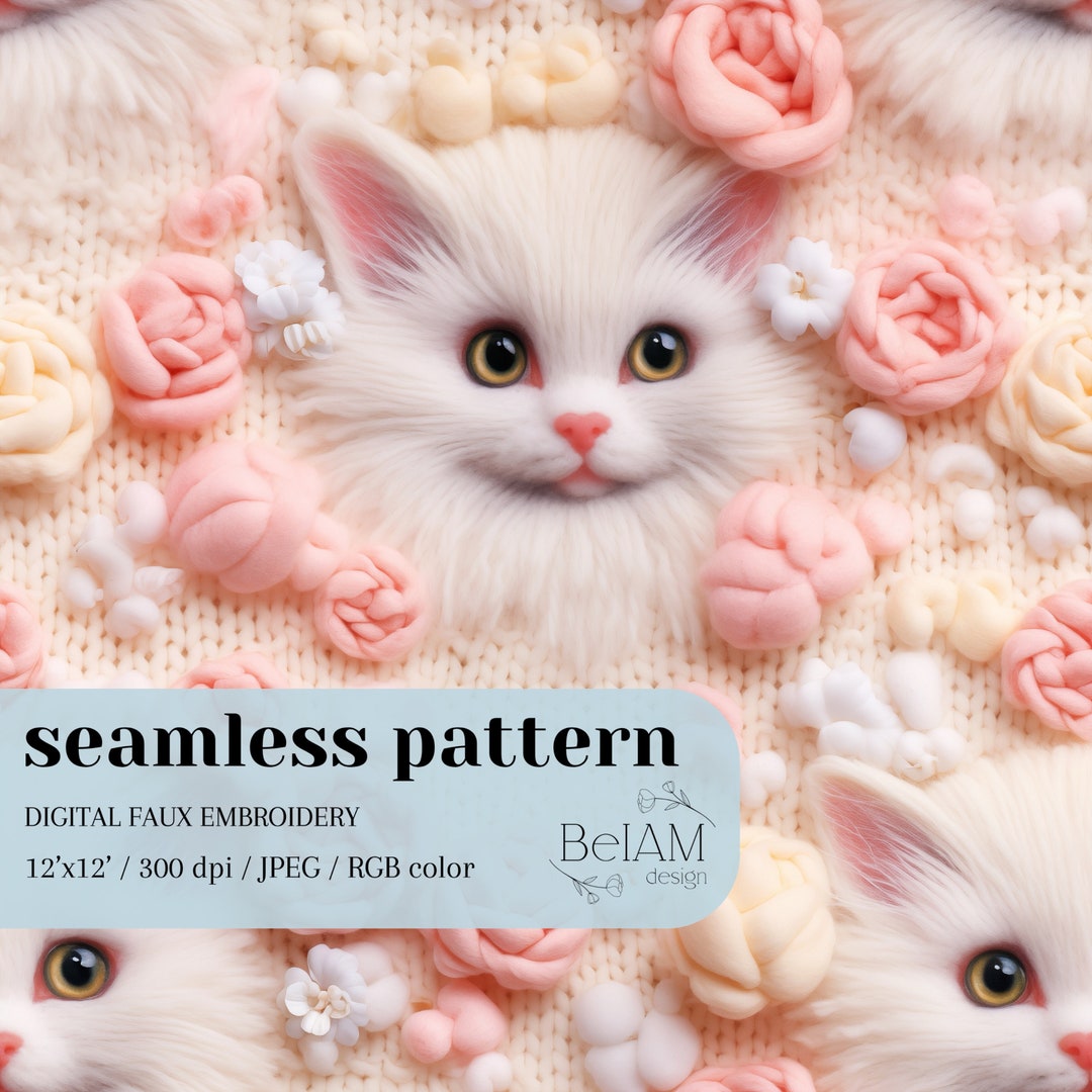 Floral Cat Faux Embroidery Seamless File Cute Cat Pattern for Printing on Fabric Valentines ...