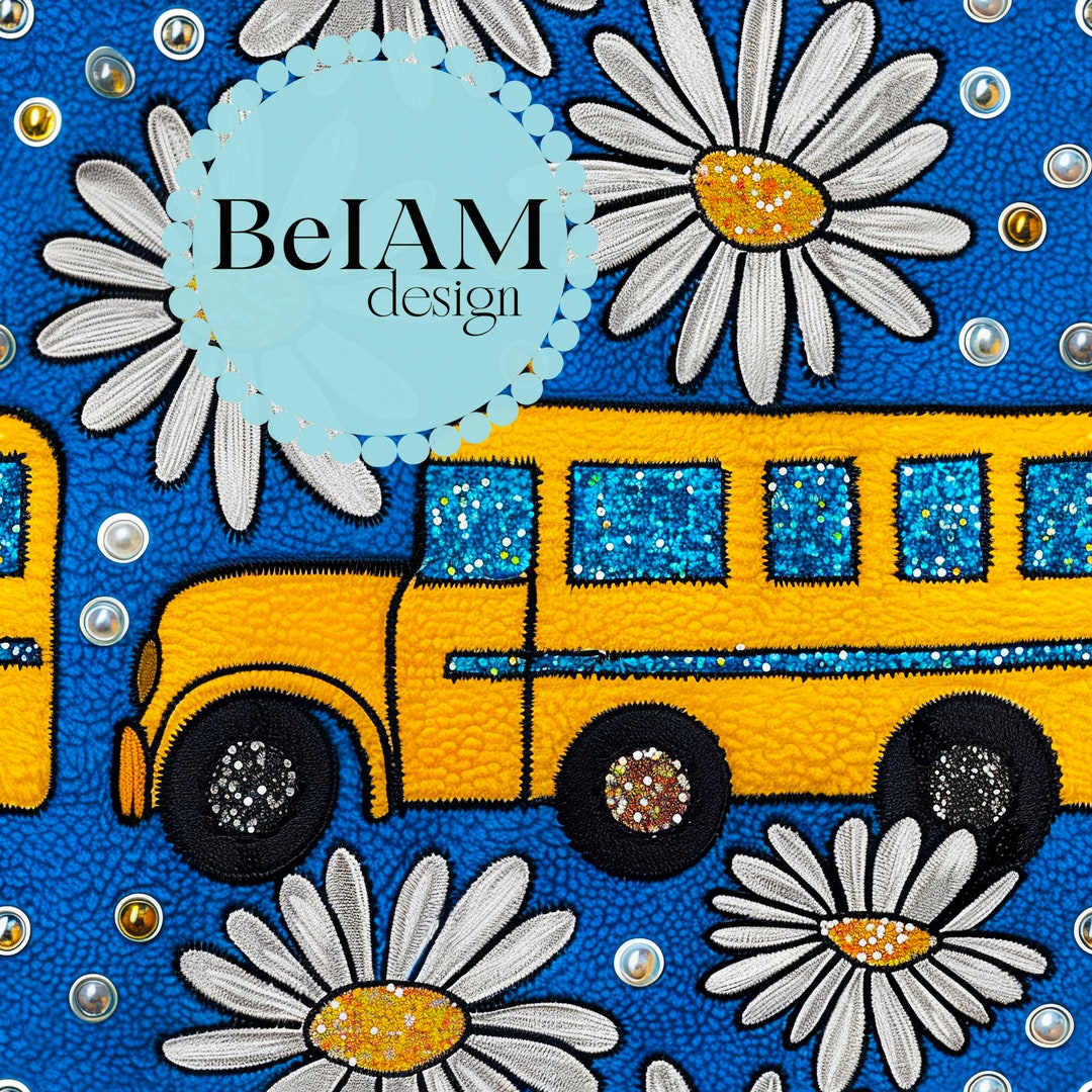 Glittery Daisy School Bus Seamless Pattern: Fabric Sublimation ...