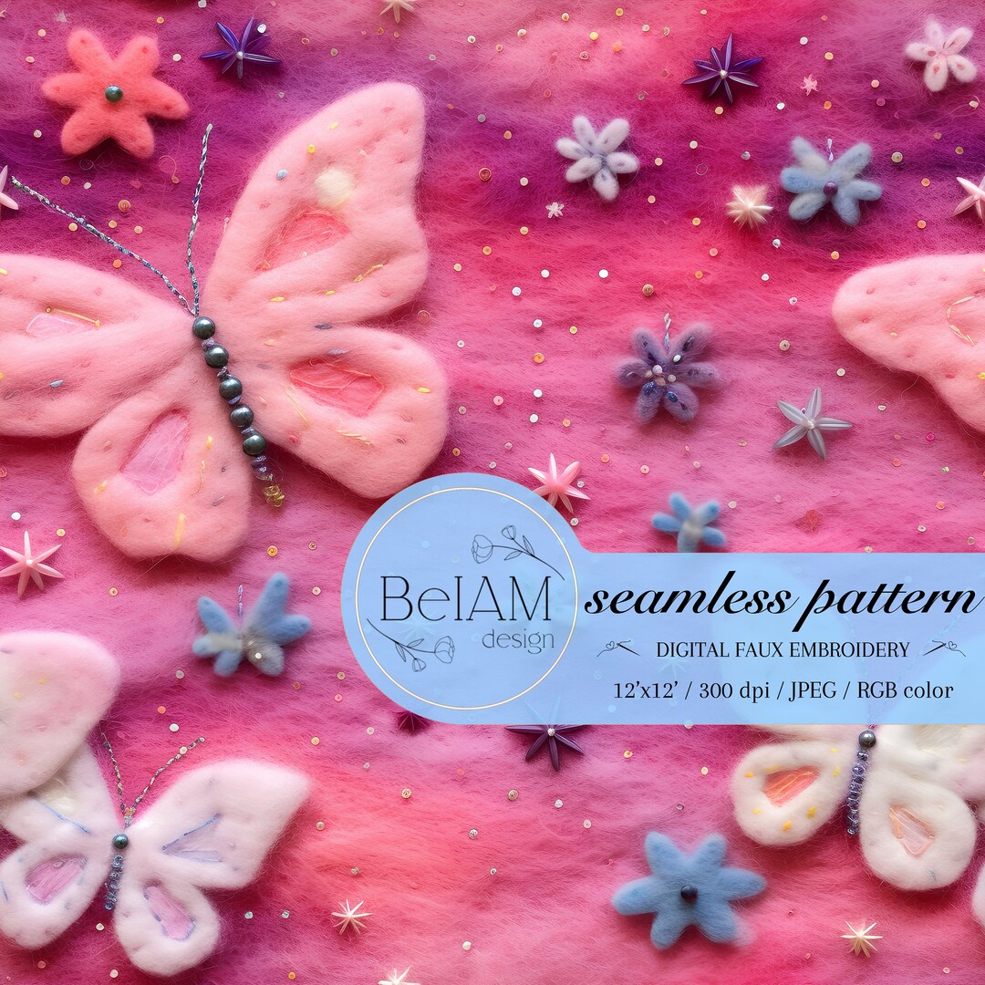 Pink Butterfly Faux Embroidery Seamless Pattern: Girly Fabric Design ...