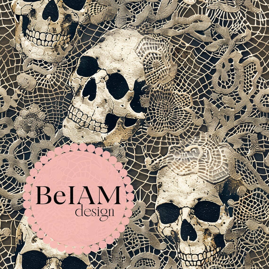 Vintage Lace Skulls Seamless Pattern: Halloween Fabric Sublimation ...