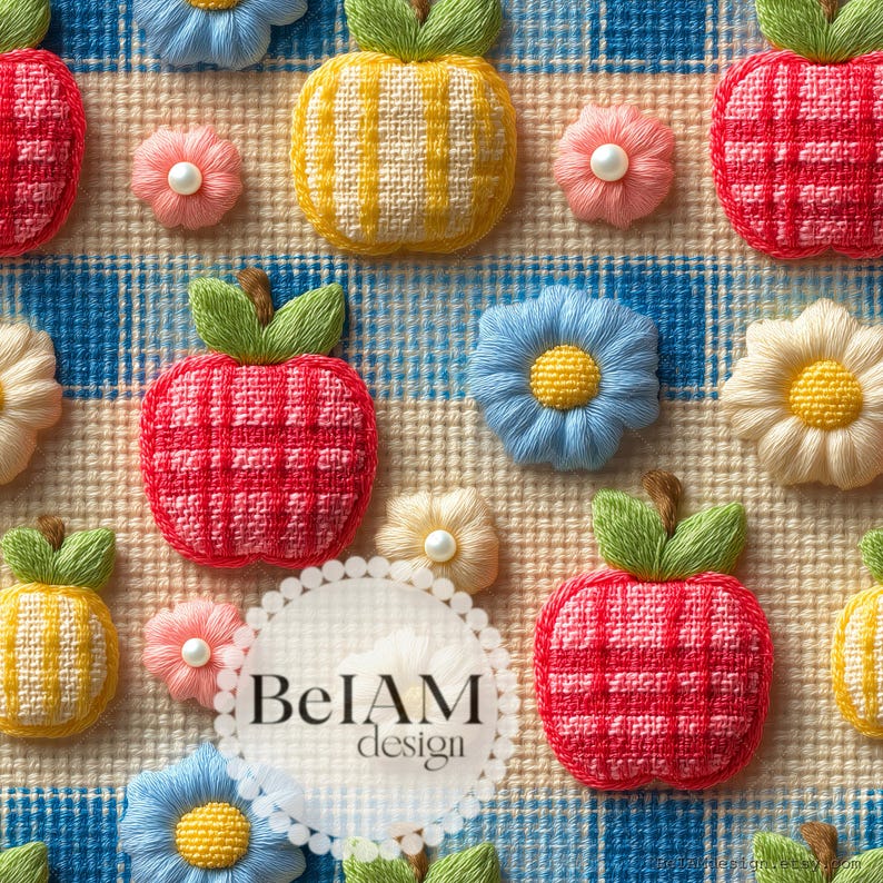Apple Floral Checkered Pattern: Seamless Fabric Sublimation (digital ...