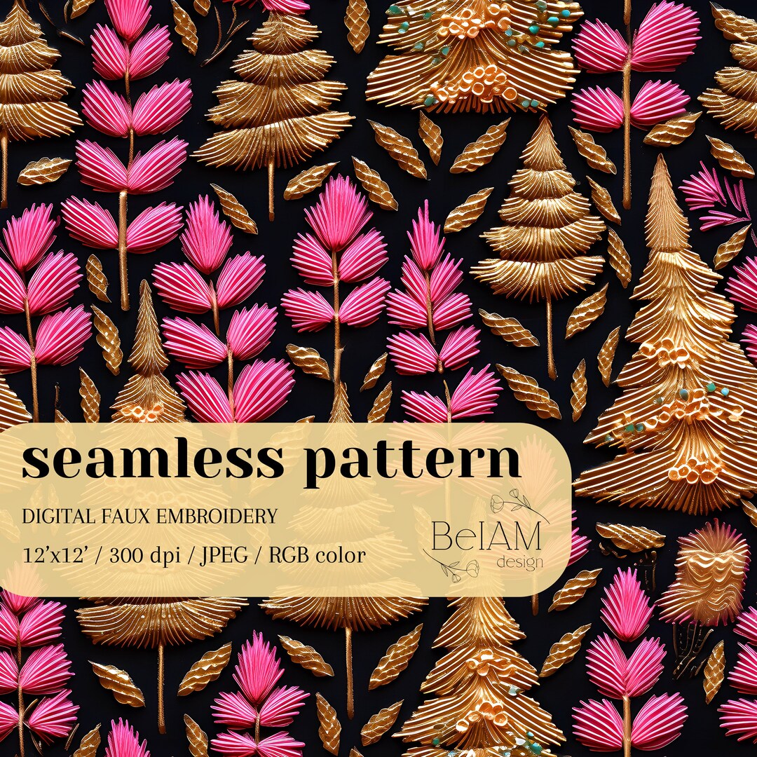 Pink & Gold Christmas Trees Faux Embroidery Seamless Pattern (digital) - Etsy